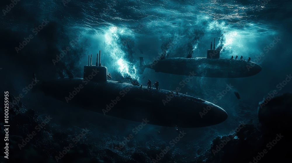 A dark and tense underwater scene featuring submarines maneuvering ...