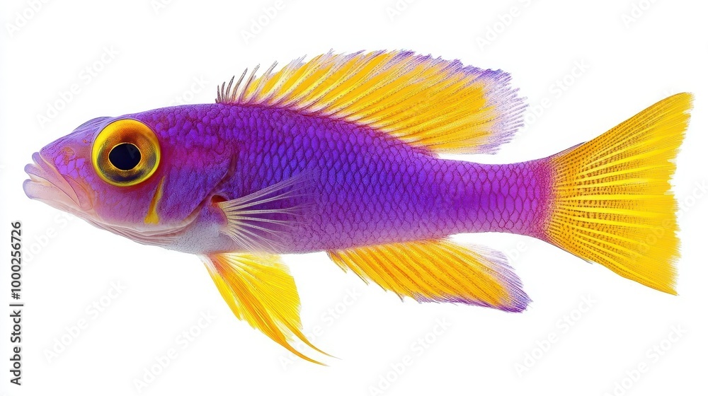 Royal gramma fish with yellow and purple hues, set against a white ...