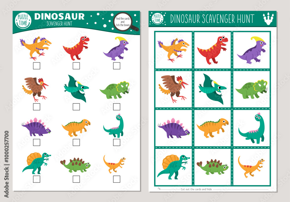 Vector dinosaur scavenger hunt cards set. Seek and find game with cute ... Vector dinosaur scavenger hunt cards set. Seek and find game with cute ...