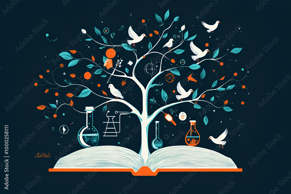 Tree of knowledge with laboratory equipment and birds growing from an ...