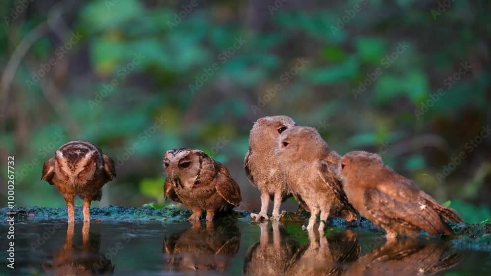 Collared Scops Owl Little baby Owl drink water in a small pond with ...