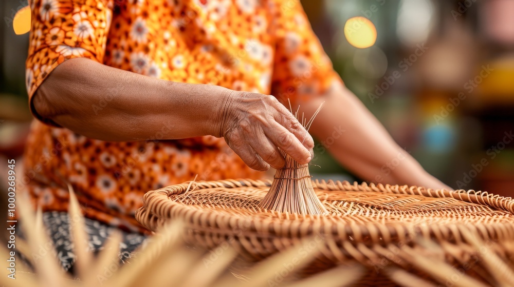 Skilled hands weave a wicker basket with fine detail in this close-up ...