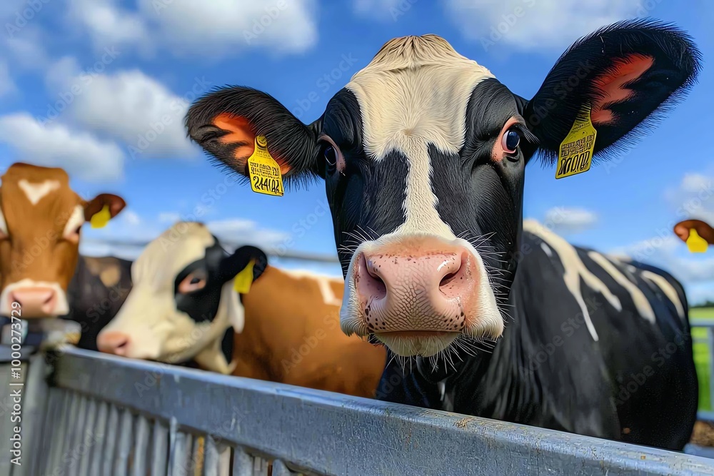 Dairy farm with cows in a milking station, modern equipment being used ...