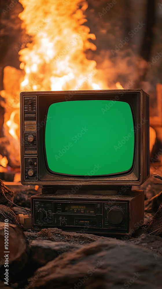 vertical composition green screen tv in front of burned buildings fire ...