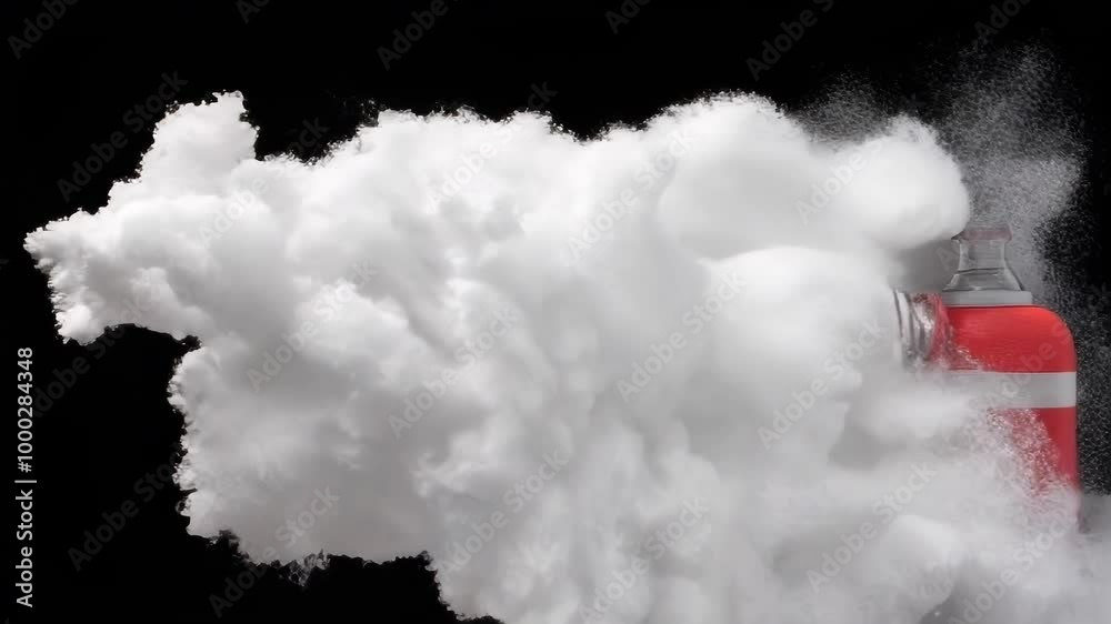 A red spray can spewing out a massive cloud of white foam. High-speed ...
