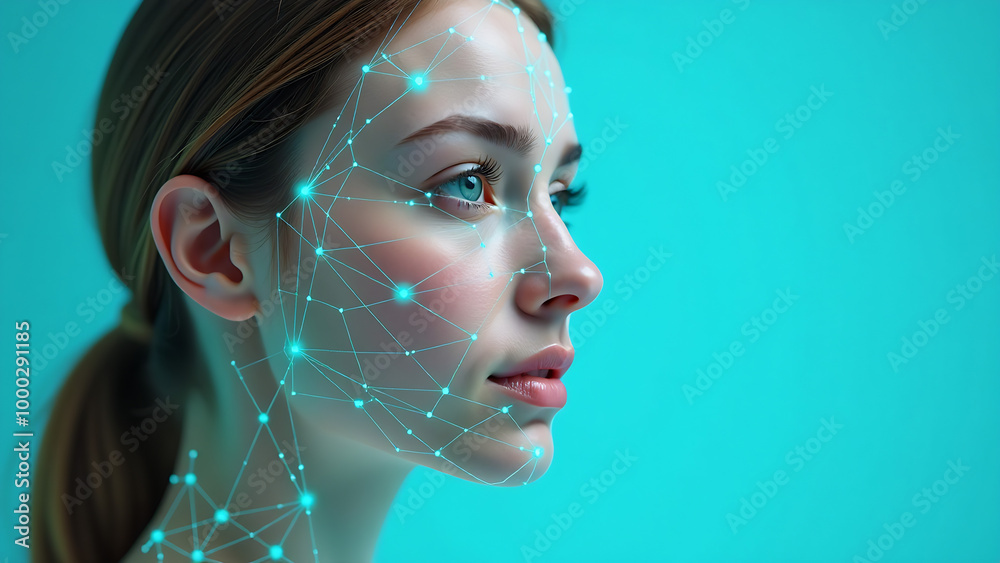 Digital facial analysis, a young womans face overlaid with a wireframe ...