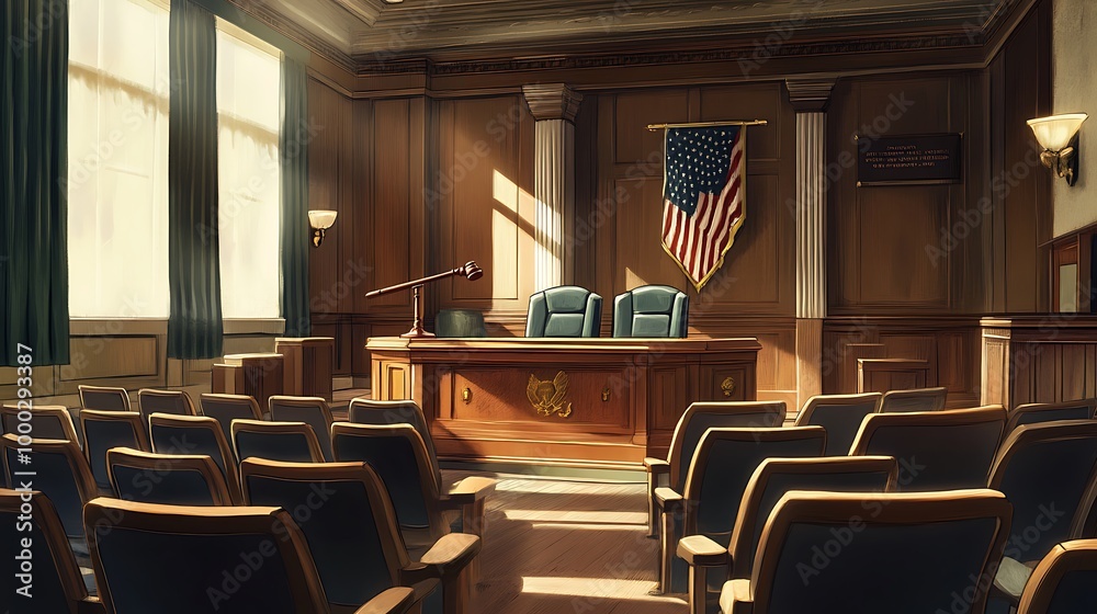 Courtroom setting with rows of empty chairs, a gavel on the judgeâ€™s ...