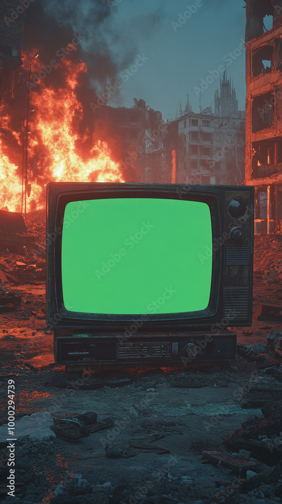 vertical composition green screen tv in front of burned buildings fire ...
