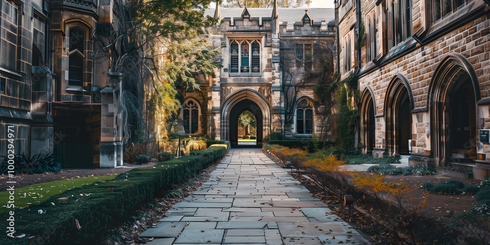 Campus pathway through historic stone building with gothic arches and ...