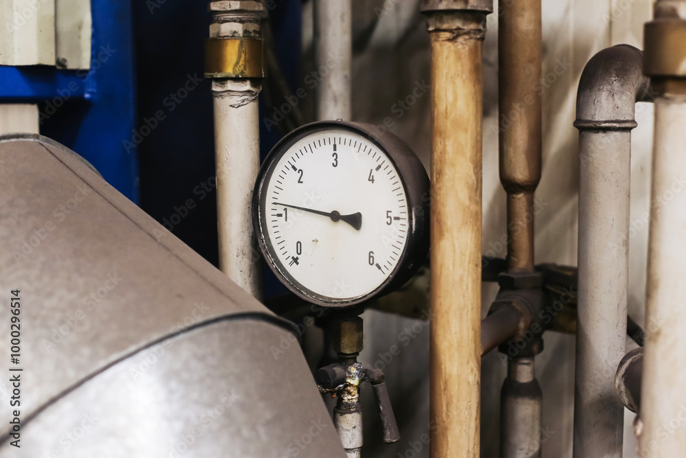 Industrial background in a factory. Round pressure gauge with metal ...