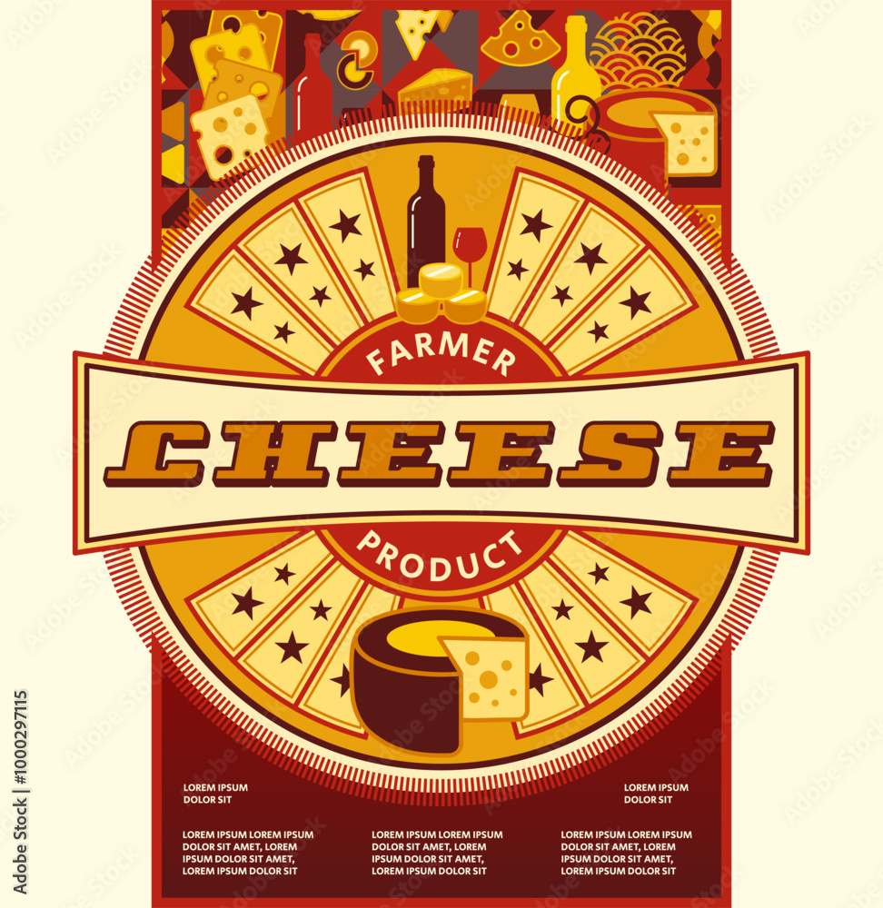 Vertical packaging cheese template with circular label, icons of cheese ...