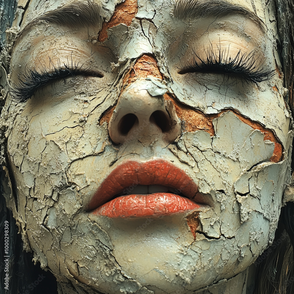 Cracked face close-up with vibrant lips representing beauty in ...