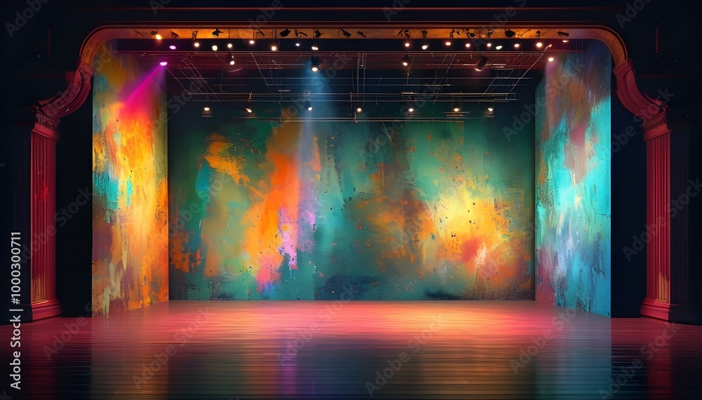 Dynamic theatre performance with vibrant lighting and abstract art ...