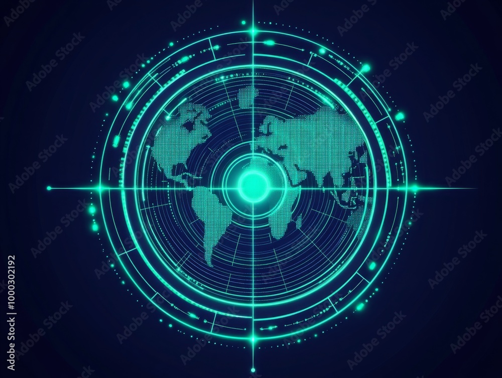 Global Surveillance technology and Monitoring Concept, digital high-tech radar screen with a ...