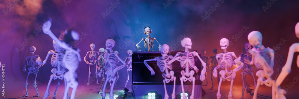 Haunted Halloween party: skeleton DJ at the mixing console surrounded ...