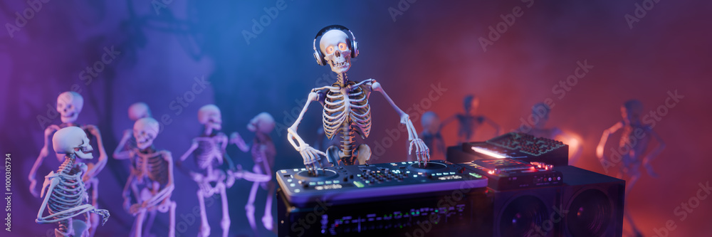 Haunted Halloween party: skeleton DJ at the mixing console surrounded ...