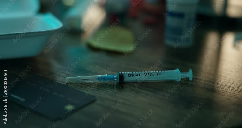 Drugs, addiction and syringe on dirty table with neon lights, card and ...