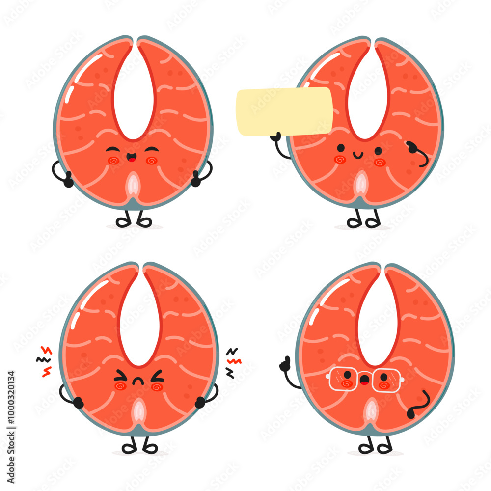 Funny Red fish salmon characters bundle set. Vector hand drawn doodle ...