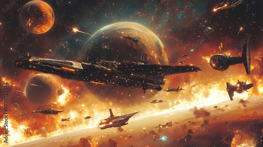 Epic starship battle in deep space with exploding planets and fighter ...