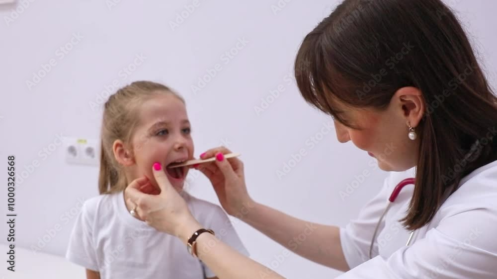 Female doctor examining little girl mouth at office. Doctor at hospital ...