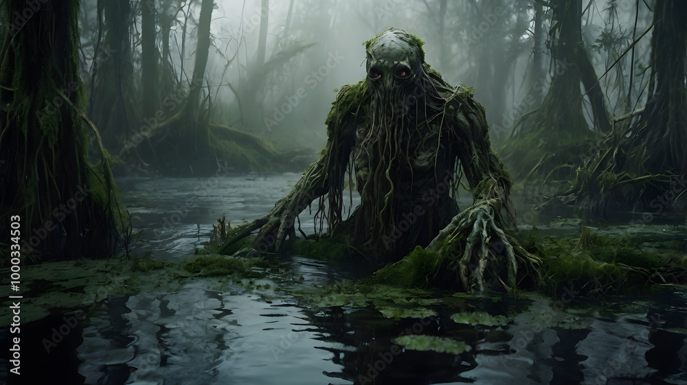 A terrifying humanoid creature, towering in height, rising from the ...