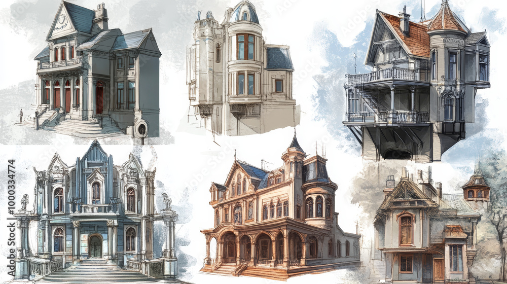 Depict a building or structure with different architectural styles or ...