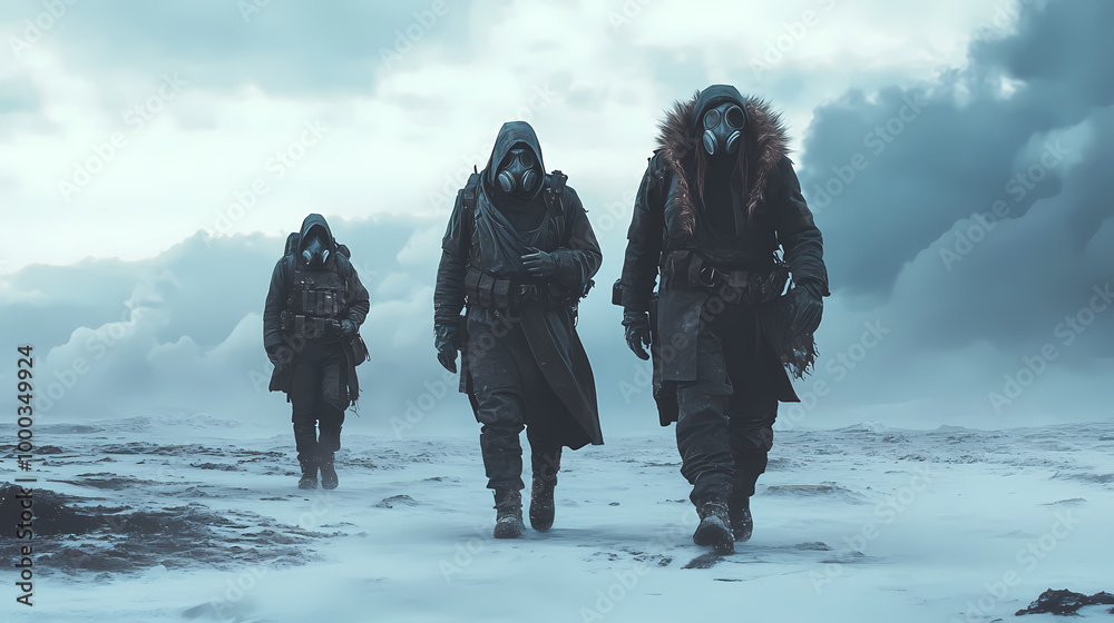 Three survivors in gas masks traverse a desolate, snowy landscape in a ...