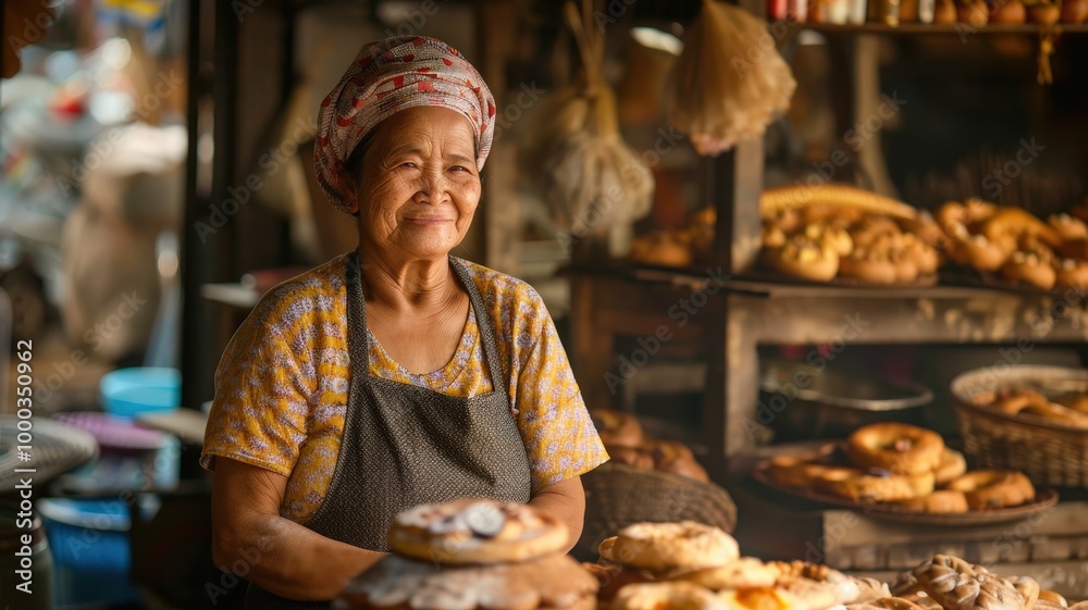 A smiling elderly baker proudly displays her freshly baked goods at a ...