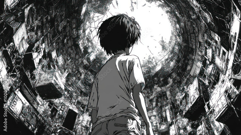 Anime Boy Looking Up at a Bright Circular Void in a Distorted Urban ...