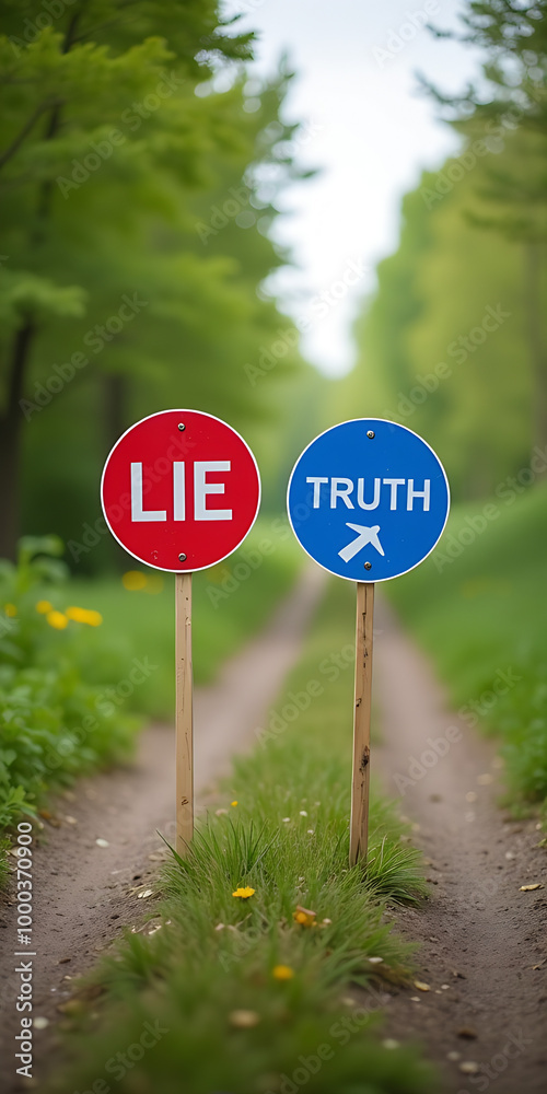 Red and blue signs for lie and truth outdoors in nature field road path ...