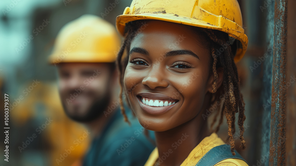 Black woman with dreadlocks in a yellow hard hat helmet, smiling ...