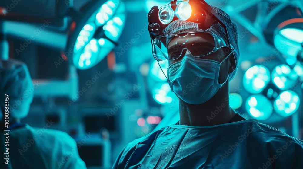 A surgeon, fully dressed in surgical attire, stands focused in an ...