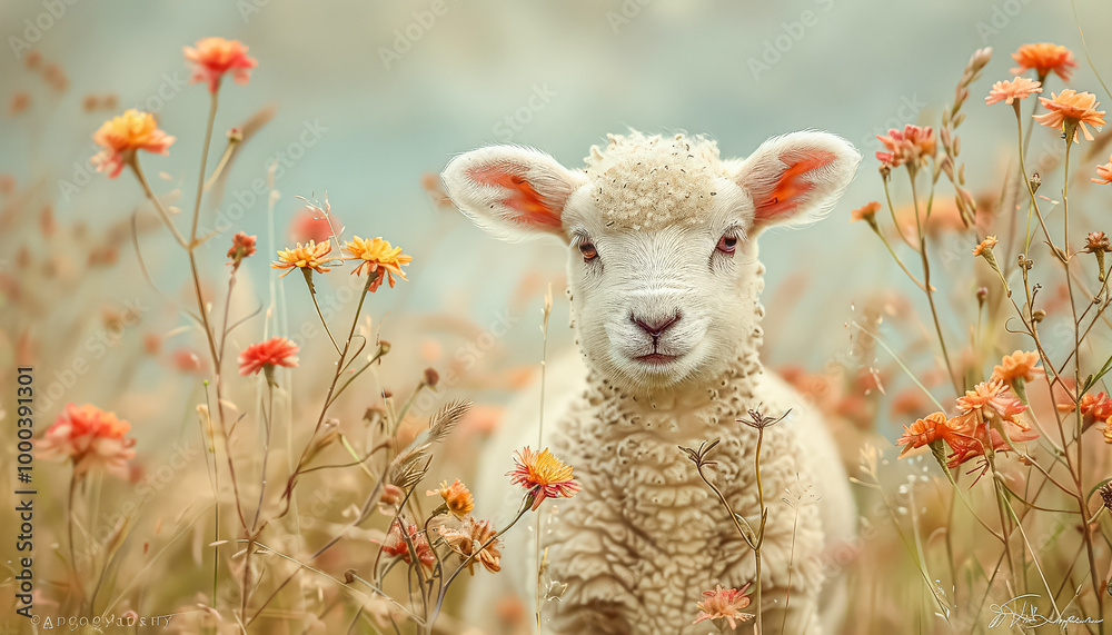 Baby lamb is sitting in a field of yellow flowers. The lamb is ...