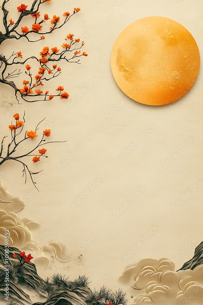 Chinese Mid Autumn Festival Background with Full Moon, Flowers, and ...