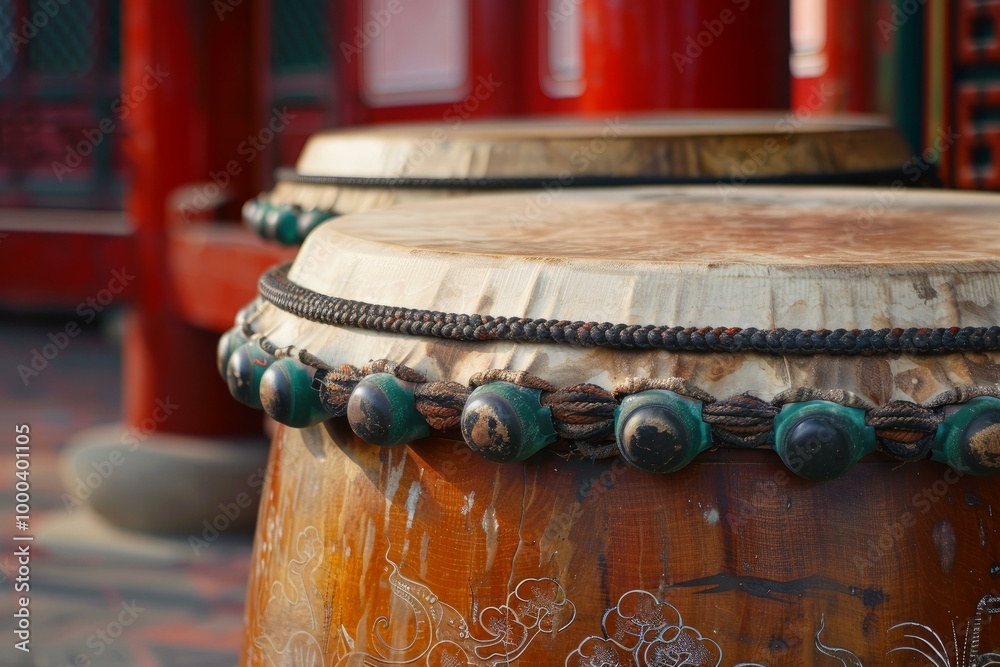 Weathered chinese drum sits outside a temple, showing the artistry of ...