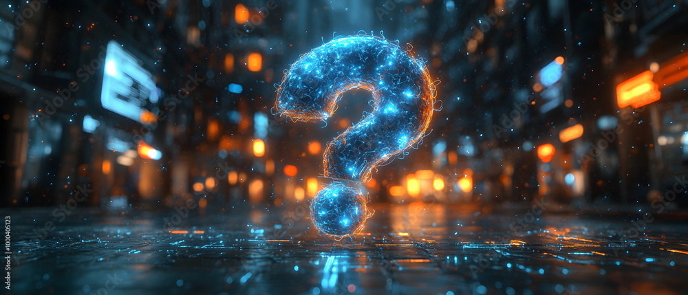 3D digital question mark made of glowing connected circuits on a bright ...