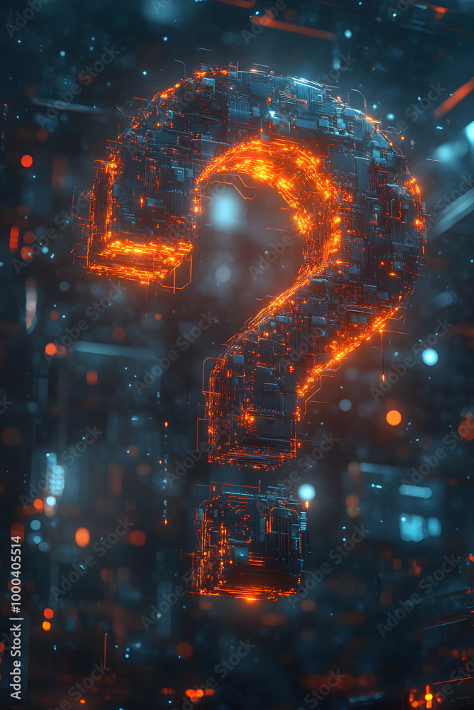 3D digital question mark made of glowing connected circuits on a bright ...