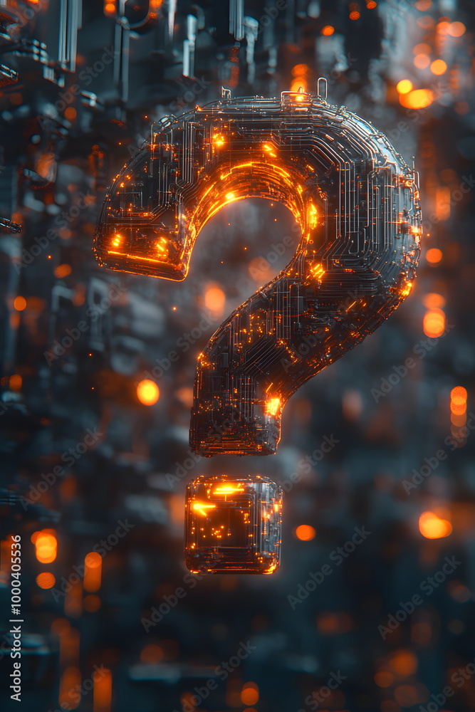 3D digital question mark made of glowing connected circuits on a bright ...