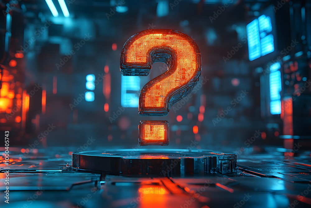 3D digital question mark made of glowing connected circuits on a bright technology background ...