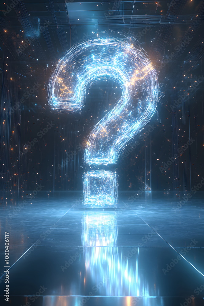 3D digital question mark made of glowing connected circuits on a bright ...