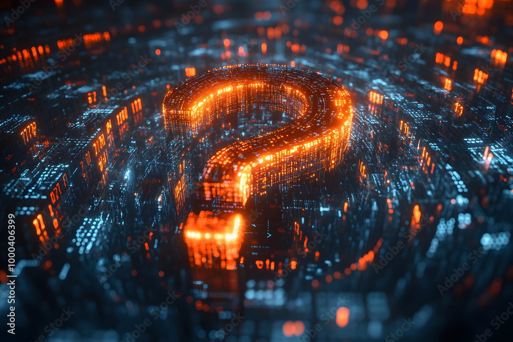 3D digital question mark made of glowing connected circuits on a bright ...
