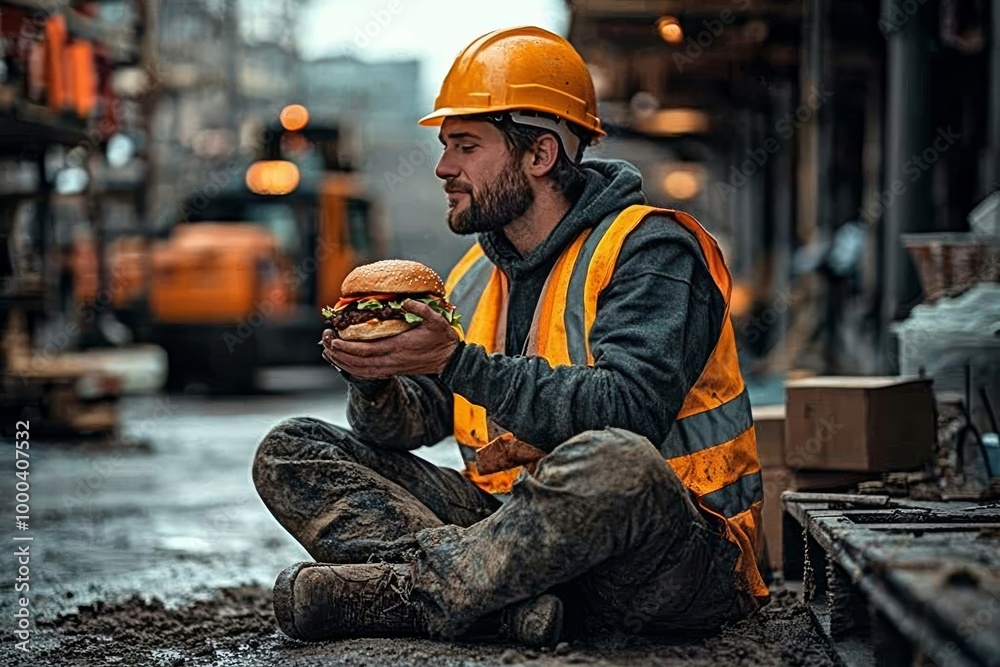 Un obrero sentado en el suelo de una obra, disfrutando de una ...