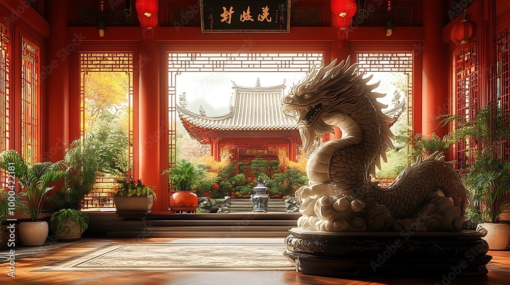 Chinese dragon statue in a traditional red and gold interior with a ...