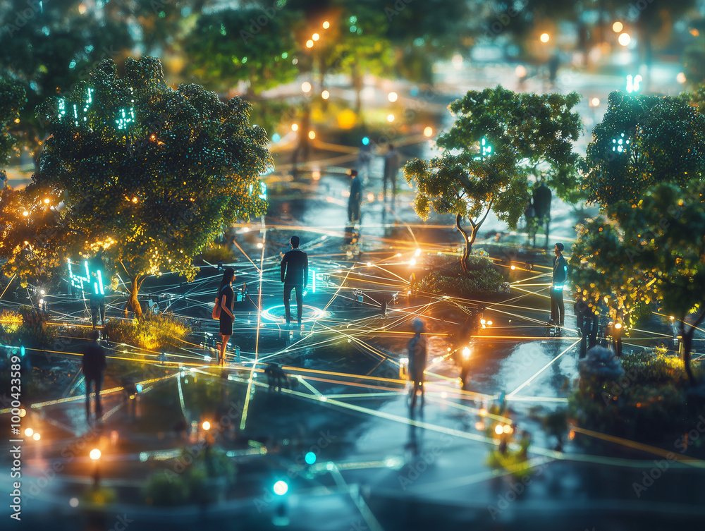 A collection of futuristic images featuring people connected through ...
