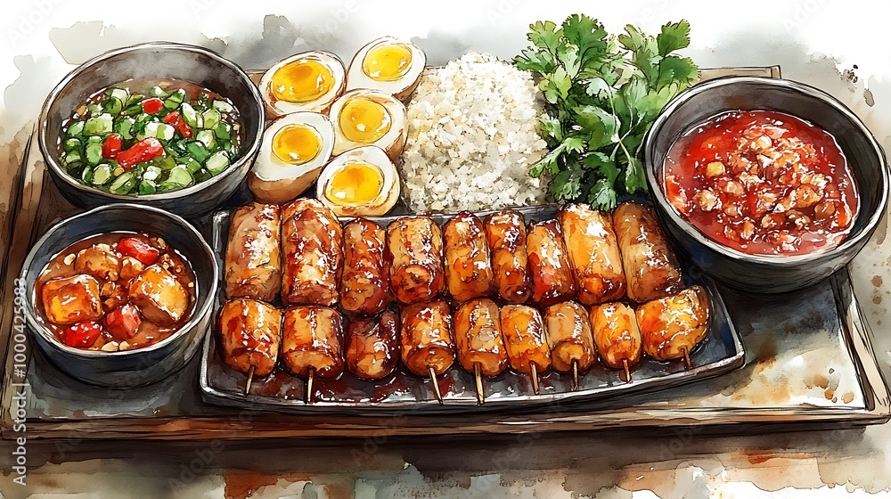 Delicious Asian food platter with grilled meat, rice, dipping sauces ...