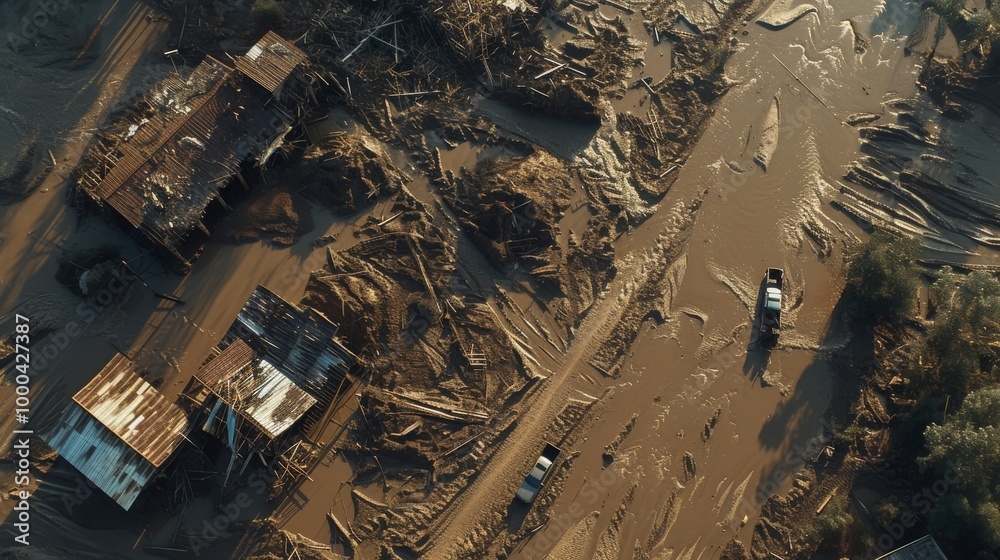 An aerial shot captures the aftermath of severe flooding in a rural ...