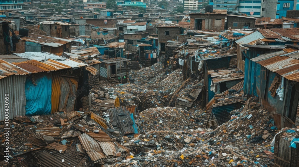 A slum area with dilapidated structures and mounds of garbage ...