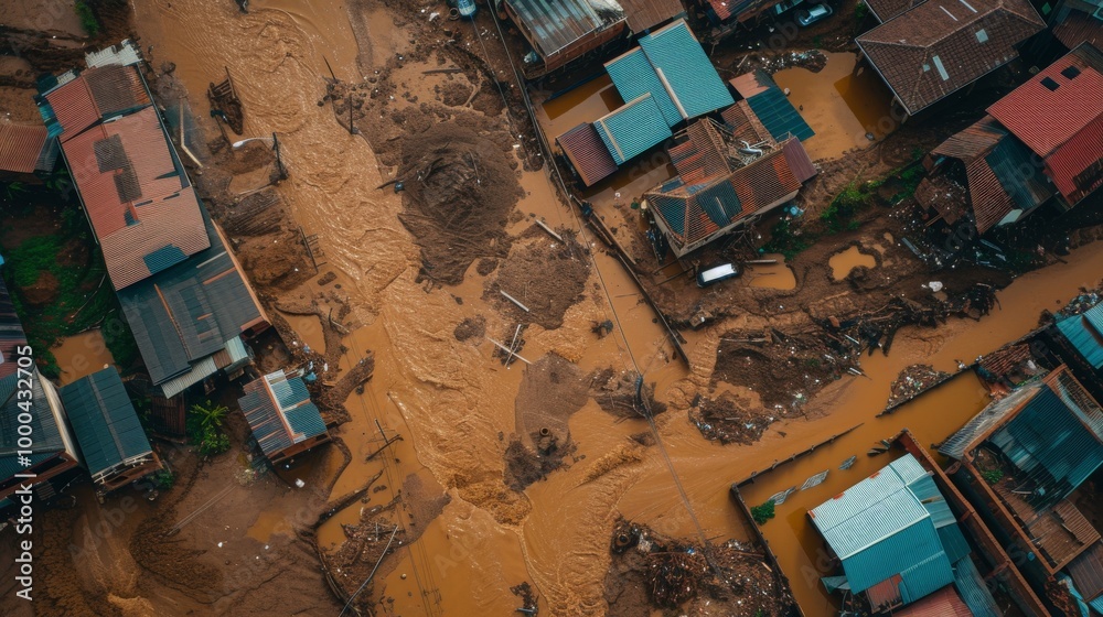 This aerial photograph shows a village overtaken by mud after a ...