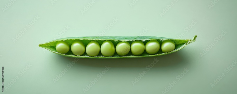 Single pea pod with green peas on a light green background. Minimalist ...