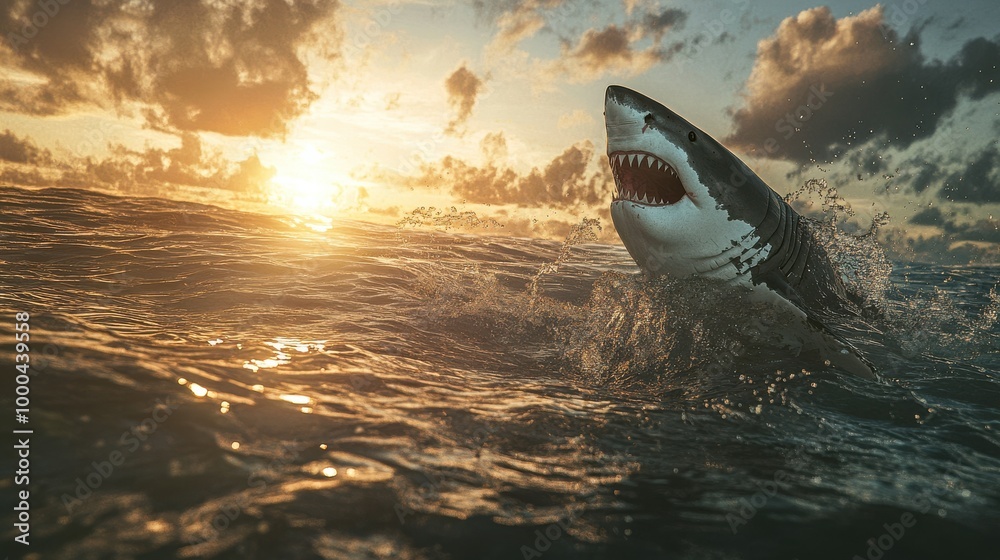 Great White Shark Breaching Water Surface Stock Photo | Adobe Stock